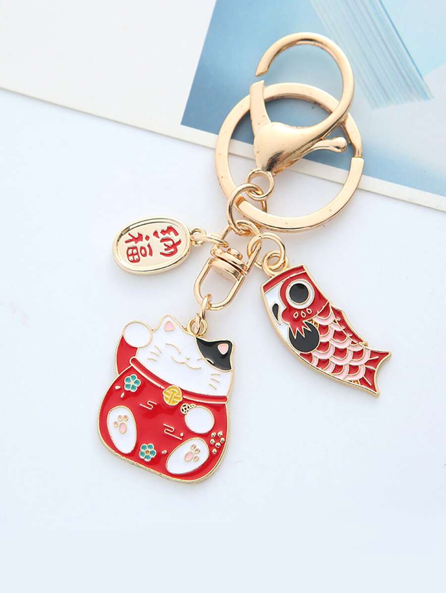 1pc Lovely Japanese-Style Lucky Cat Keychain, Alloy Cat & Koi Fish ...