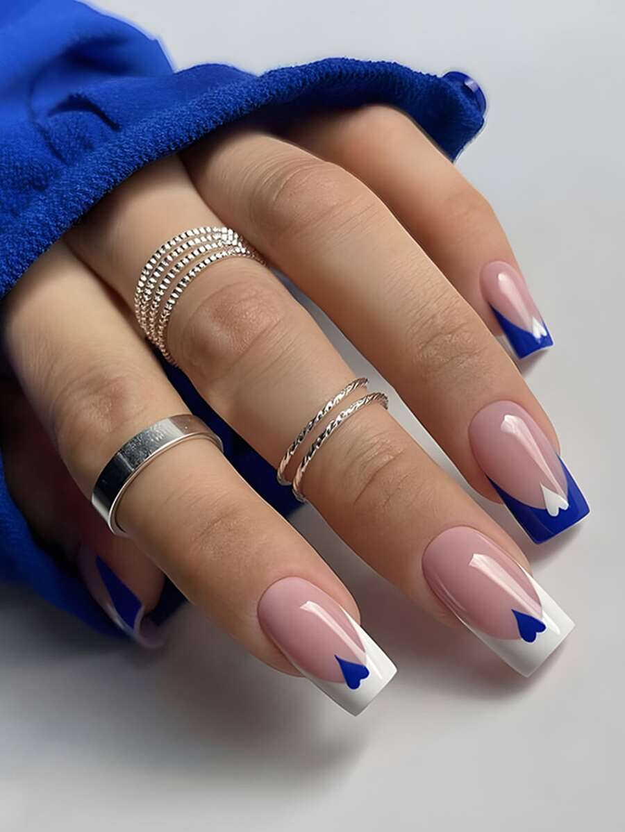 Get Glamorous With 24 Pcs Short Square Cute Daily White & Blue French ...