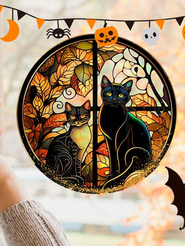 1pc Halloween Cat Theme Decoration Electrostatic Glass Sticker, Glue ...