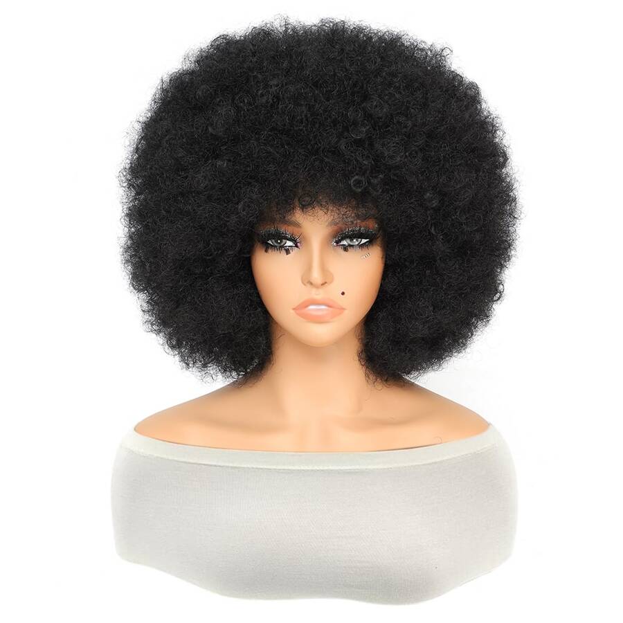 Black 10 Inch Afro Kinky Curly Synthetic Wigs 70s 80s Wigs Large Bouncy ...