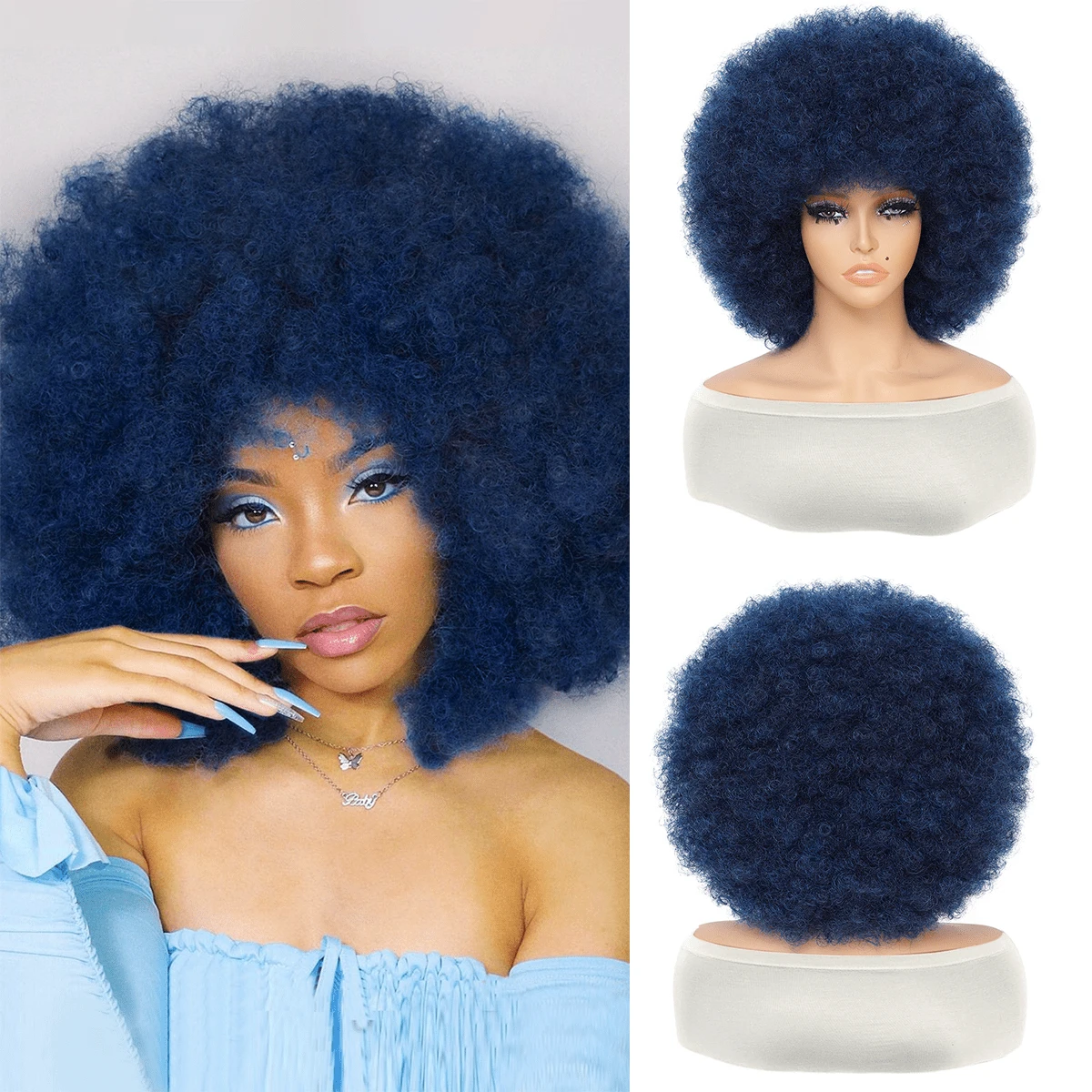 Blue 10 Inch Afro Kinky Curly Synthetic Wigs 70s 80s Wigs Large Bouncy ...