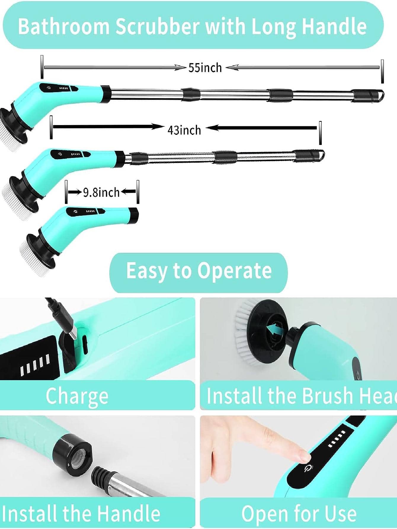 Electric Spin Scrubber, Cordless Bathroom Scrubber with Long Handle ...