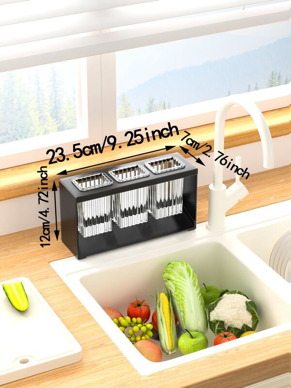 Black 3-cup Cylinder Holder With Built-in Drainage Kitchen Utensil ...