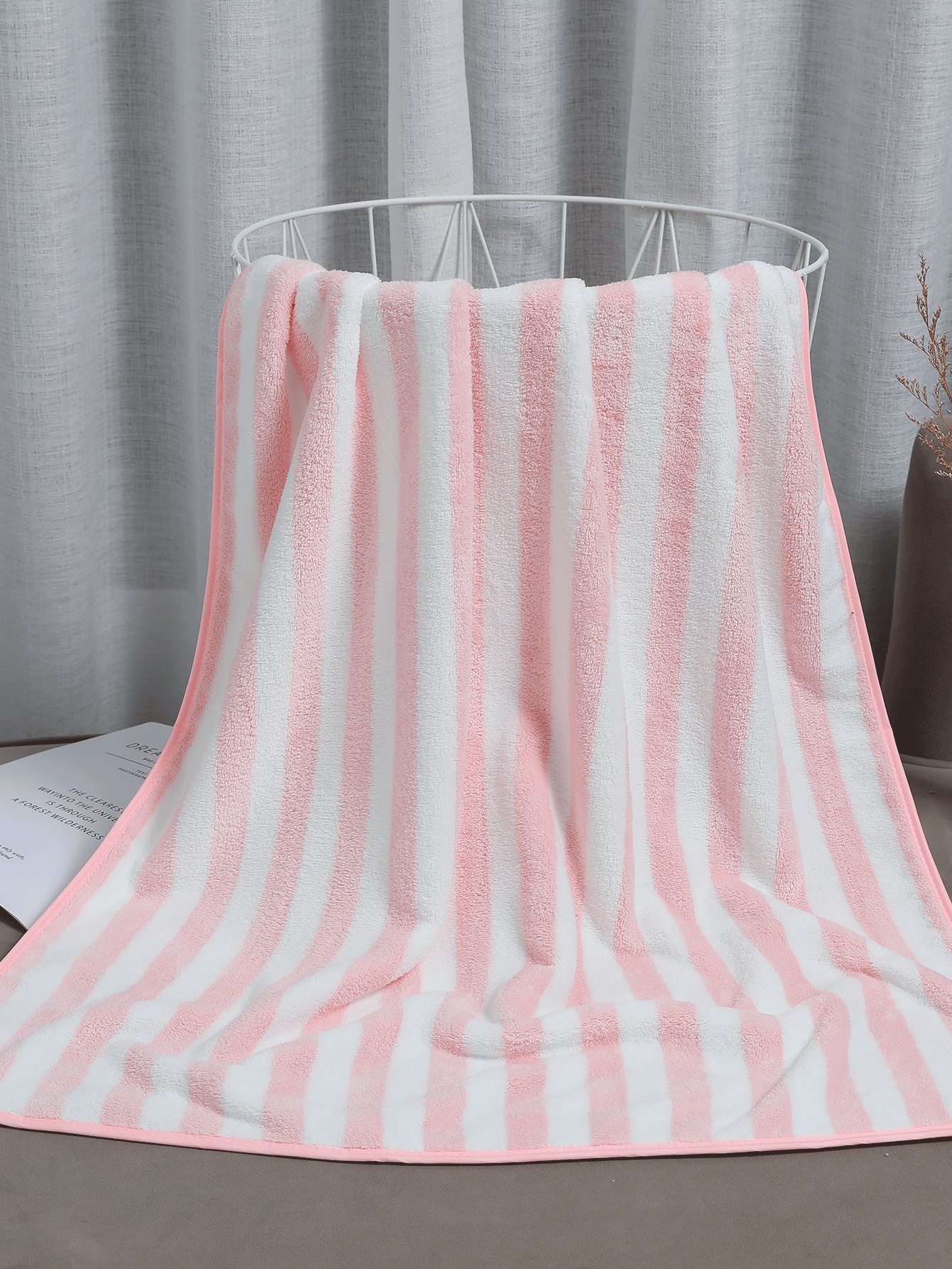 1pc Coral Fleece Striped Pattern Soft Absorbent Bath Towel Pink Shein Usa
