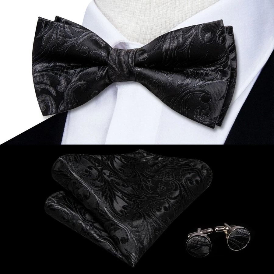 Men's Silk Bow Tie Pocket Square Cufflinks Set Pre Bowtie Black Paisley ...