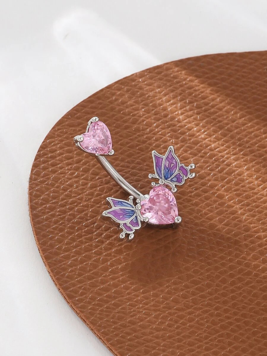 1pc Simple Stainless Steel Heart Shape Butterfly Wings Piercing Navel ...