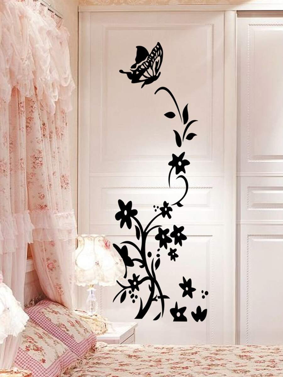 Creative Black Butterfly Floral Vine Self-adhesive Fridge Wall Sticker ...