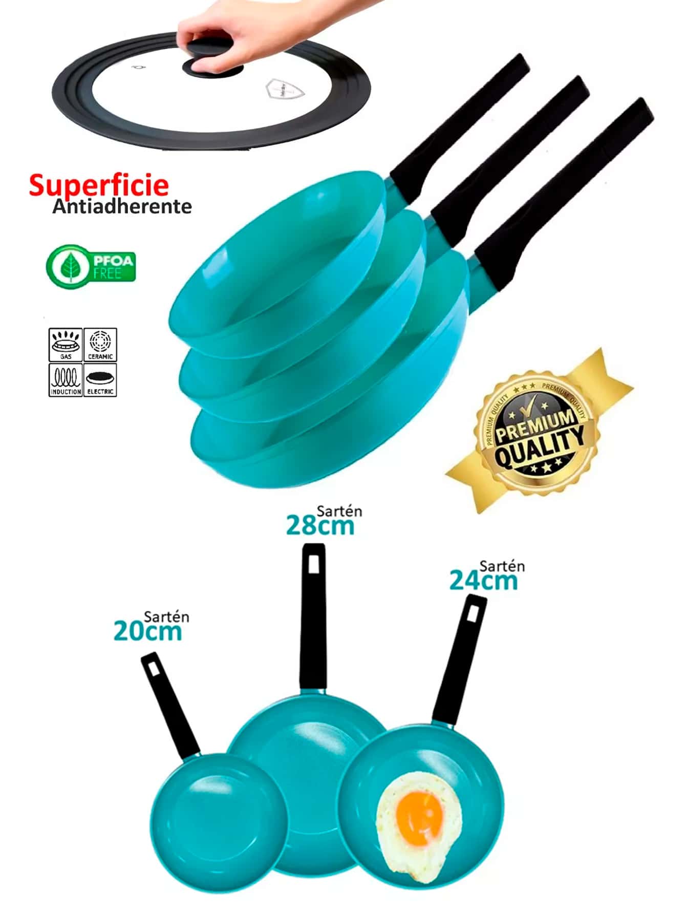 Cooks Master 3-Piece Frying Pans With Universal Jade Non-Stick Lids, 20 ...