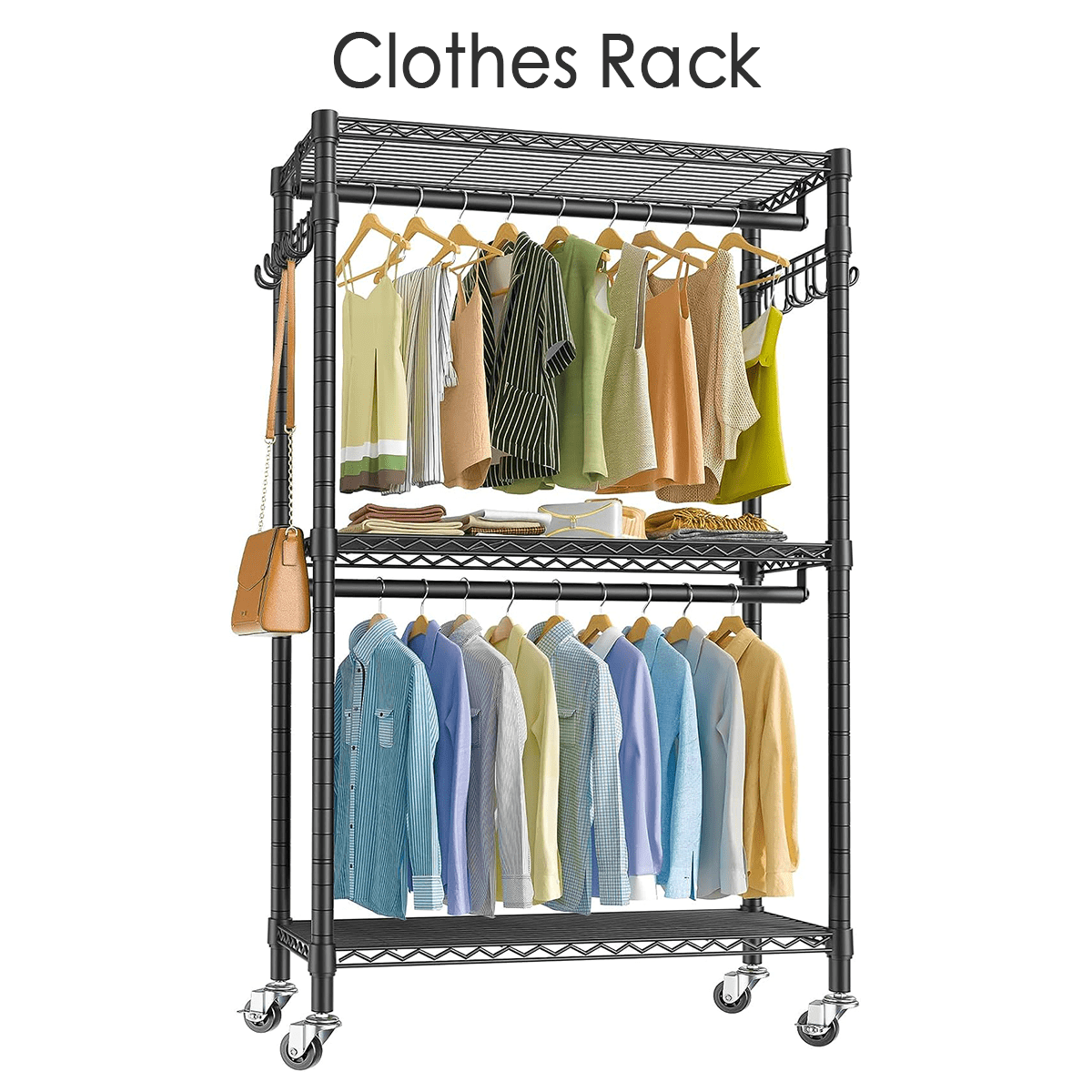 Clothes Rack,Closets Heavy Duty Rolling Garment Rack,3 Tiers Adjustable ...