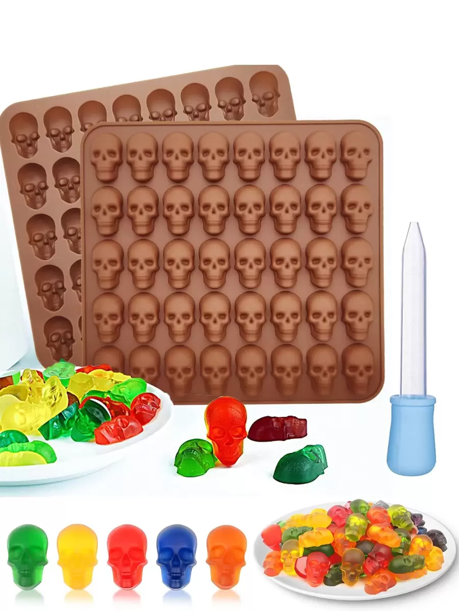 1pc 40 Cavity Gummy Skull Silicone Candy Molds with Dropper Brown Mini ...