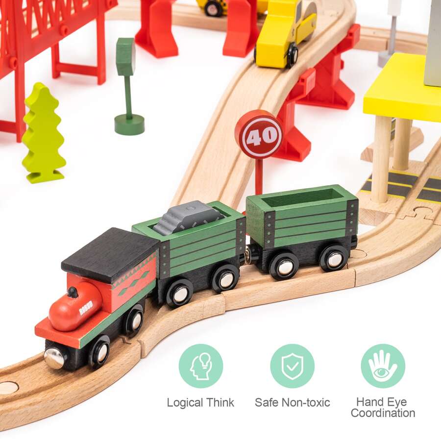 Wooden Train Set Wooden Train Track Set with Magnetic Trains Bridge ...