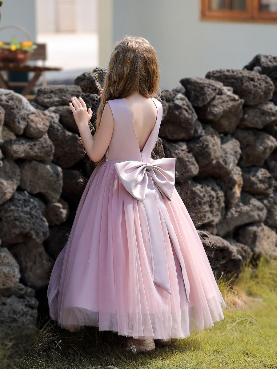 Tween Girls' Formal Dress Pink Wedding Flower Girl Tulle Dress With Big Bow And Puffy Skirt ...