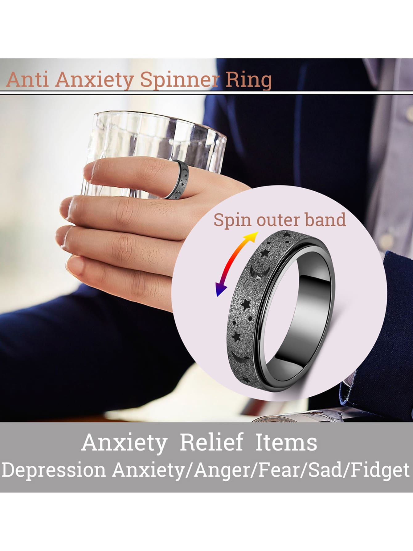 Fidget Ring Anxiety Ring For Women Men Titanium Stainless Steel Spinner ...