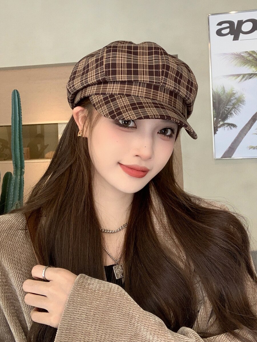 Checkered Beret Hat For Women, Spring And Summer, Versatile Style, Face ...