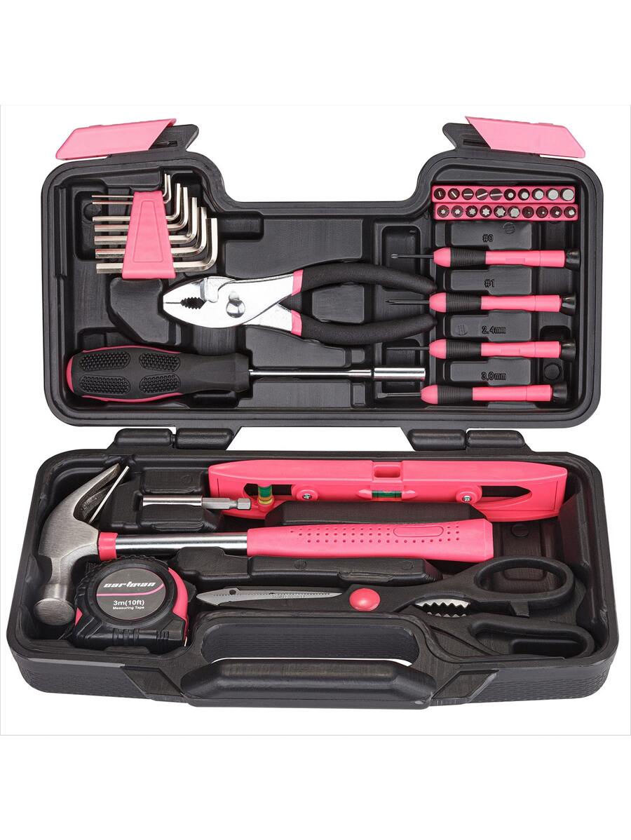 Cartman 39-Piece General Household Hand Tool Kit With Plastic Toolbox Storage Case, Pink | SHEIN USA