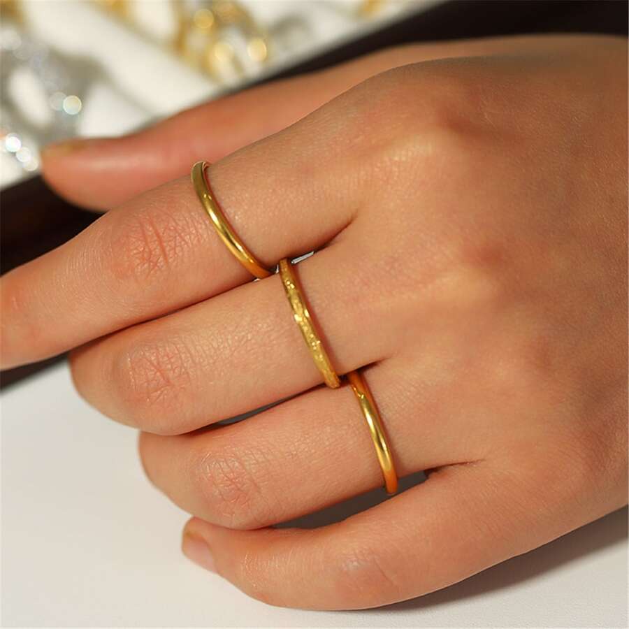 VKHK 3pcs/set Simple Stainless Steel 18k Gold Plated Ring Set, Suitable ...