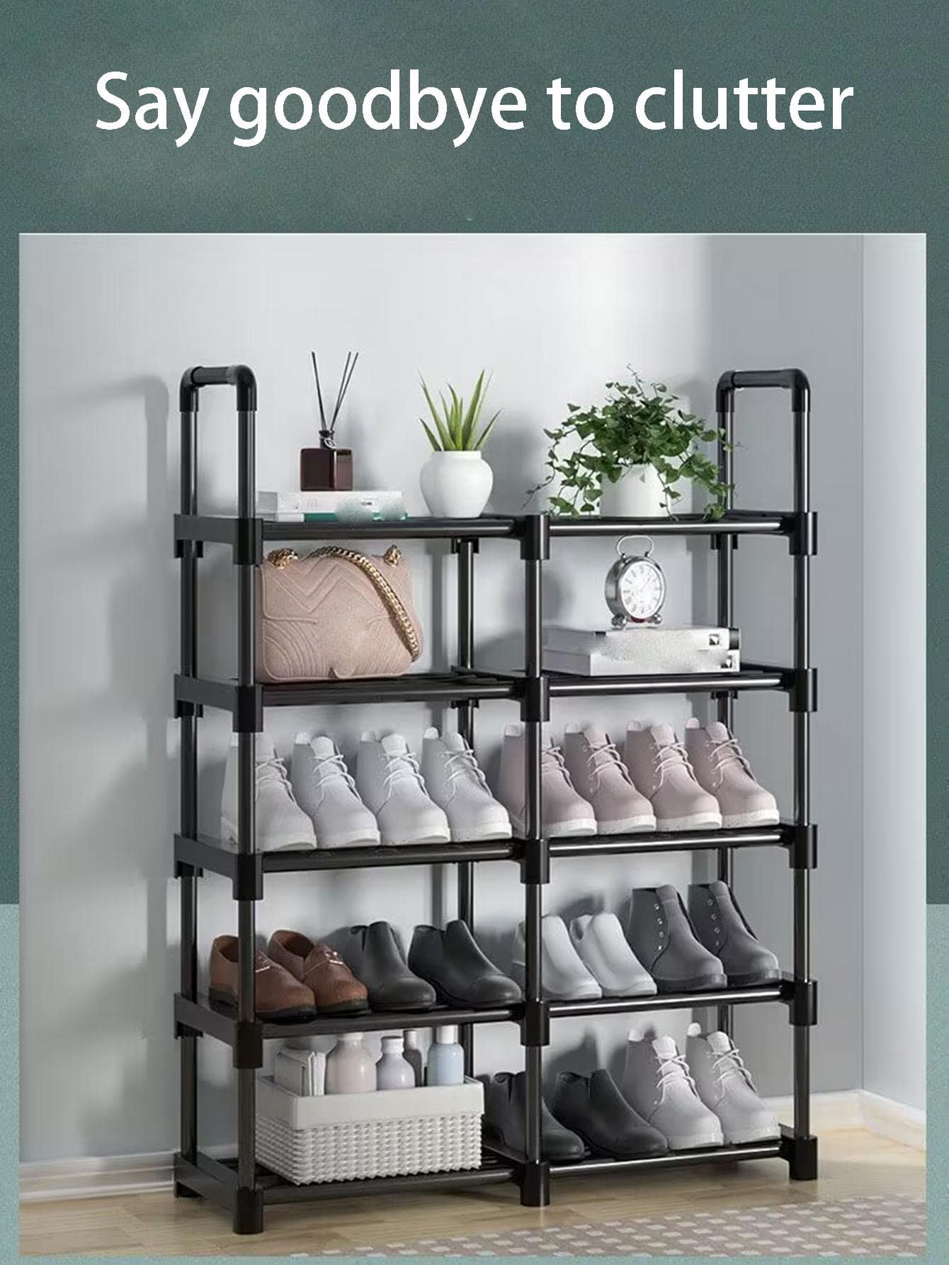 5-tier Double Row With Handrails Reinforced Shoe Rack, Simple Black ...