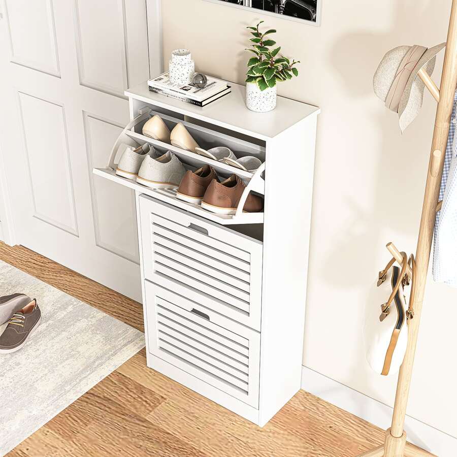 Freestanding Shoe Storage Cabinet With 3 Flip Drawers, Wood Slim Shoe ...