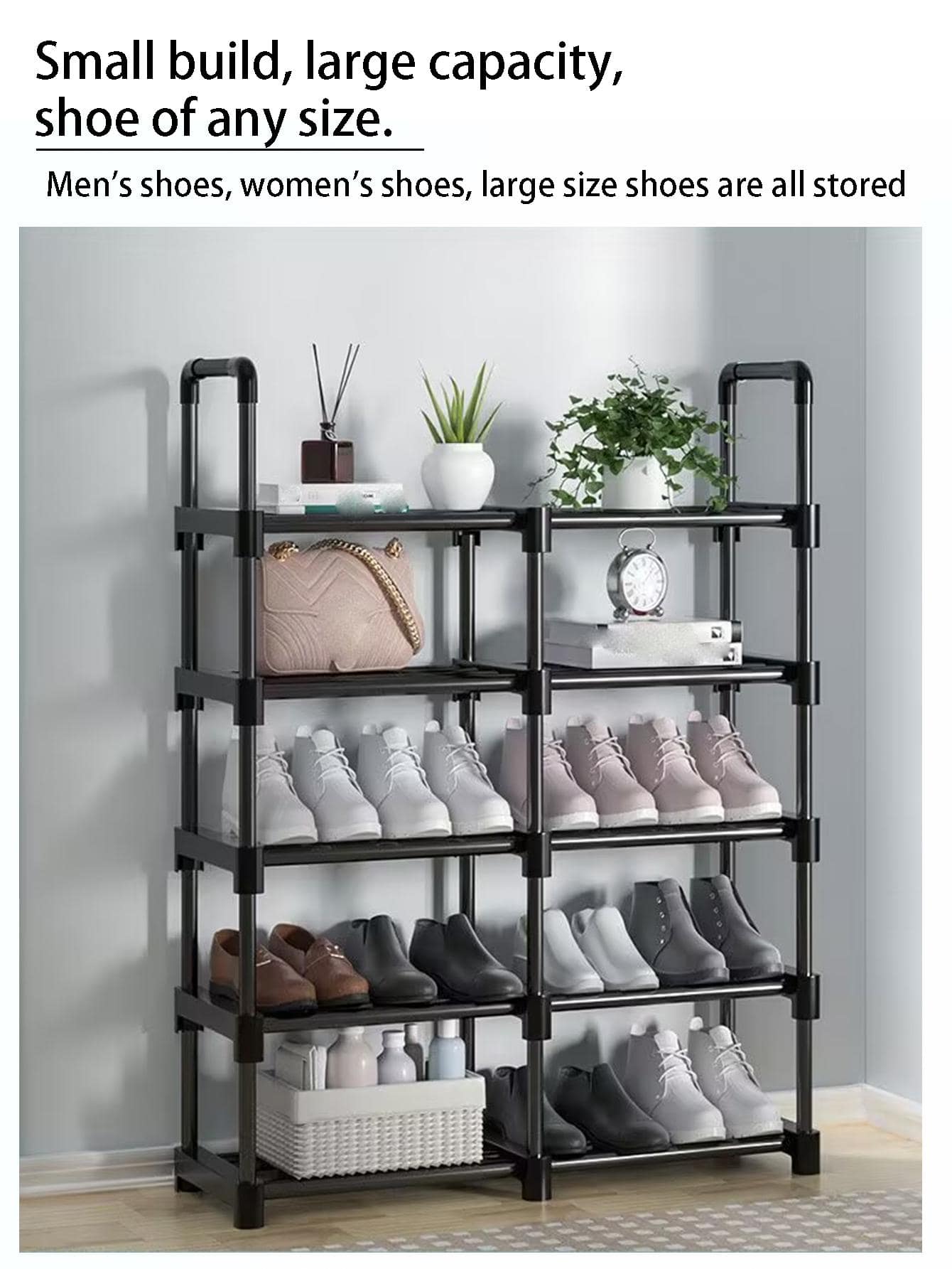 5-tier Double Row With Handrails Reinforced Shoe Rack, Simple Black ...