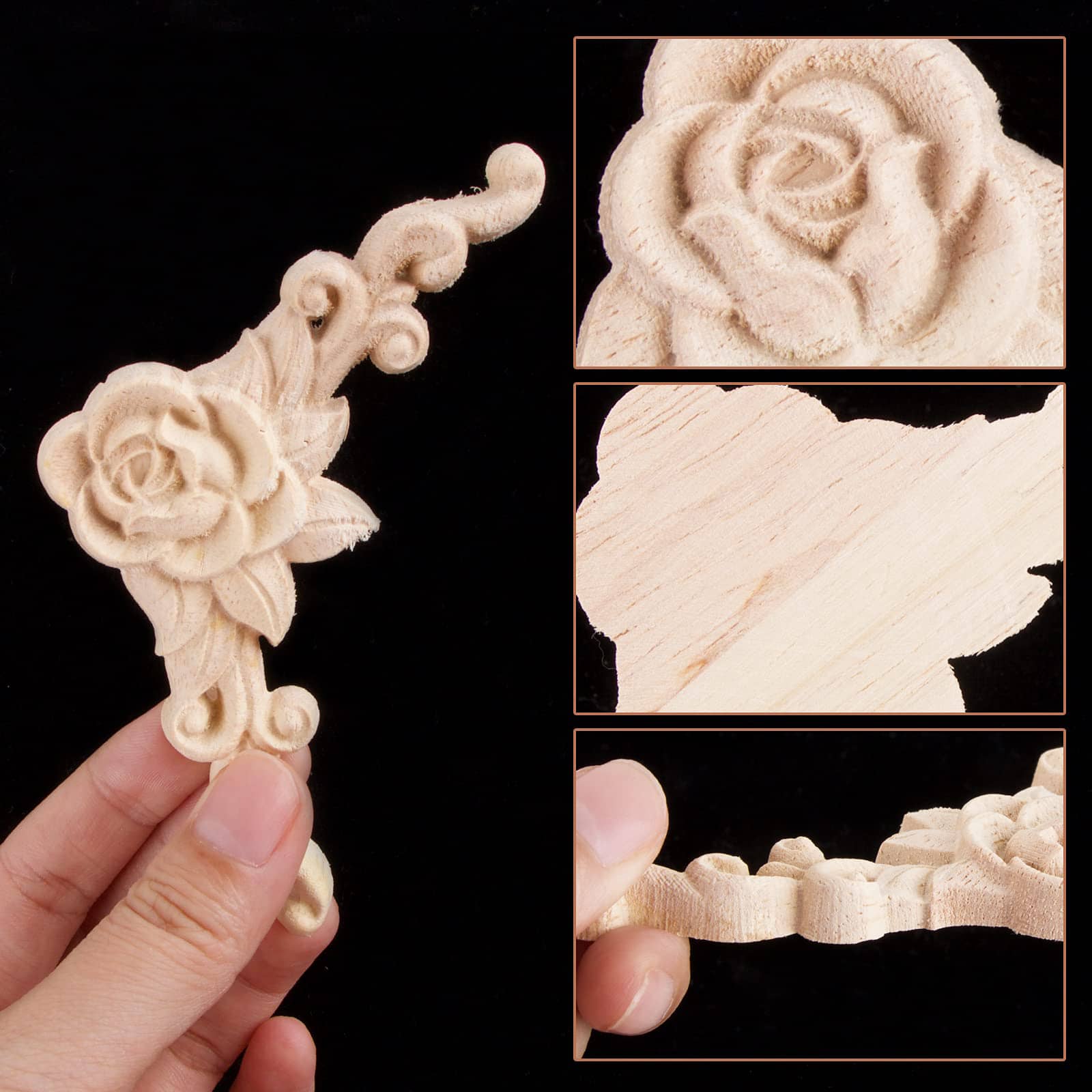 4 pcs Wood Carved Applique Mouldings Corner Decal Onlay Rose Pattern ...