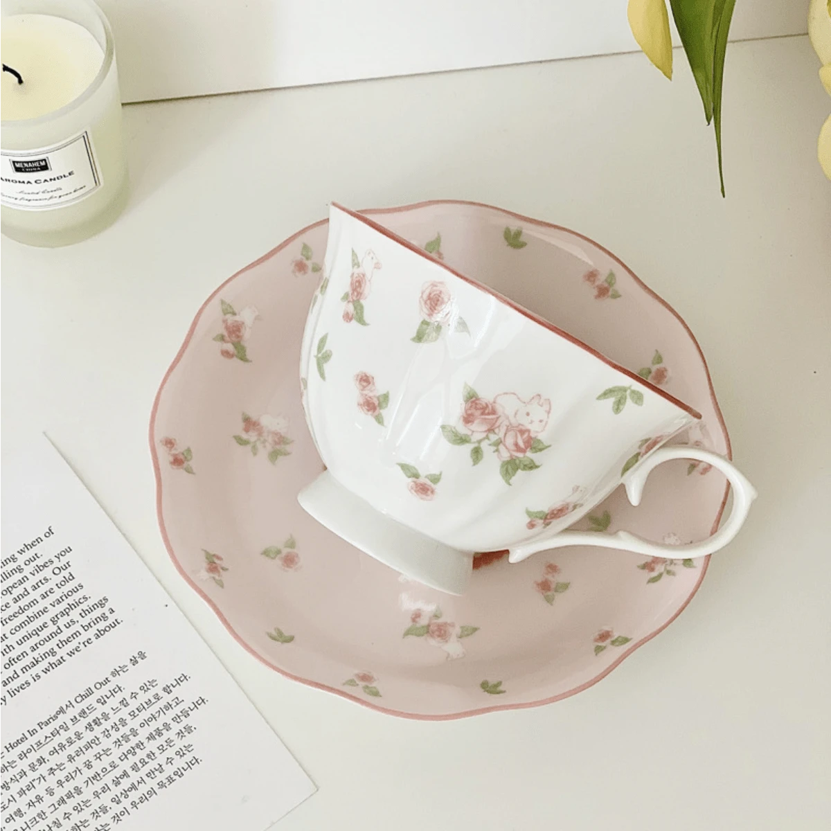 Juego de taza y platillo de café Vintage rosa francés, taza de té de ...