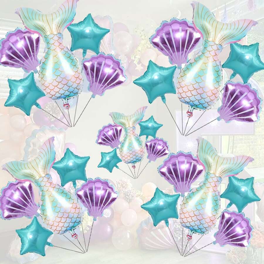 5pcs/Set Fish Tail & Shell Shaped Aluminum Foil Balloons Mermaid Themed ...