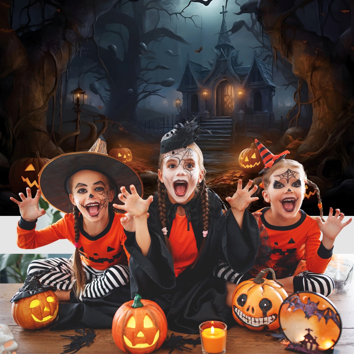 6x4ft Halloween Backdrop Horror House Forest Night Scary Pumpkin ...