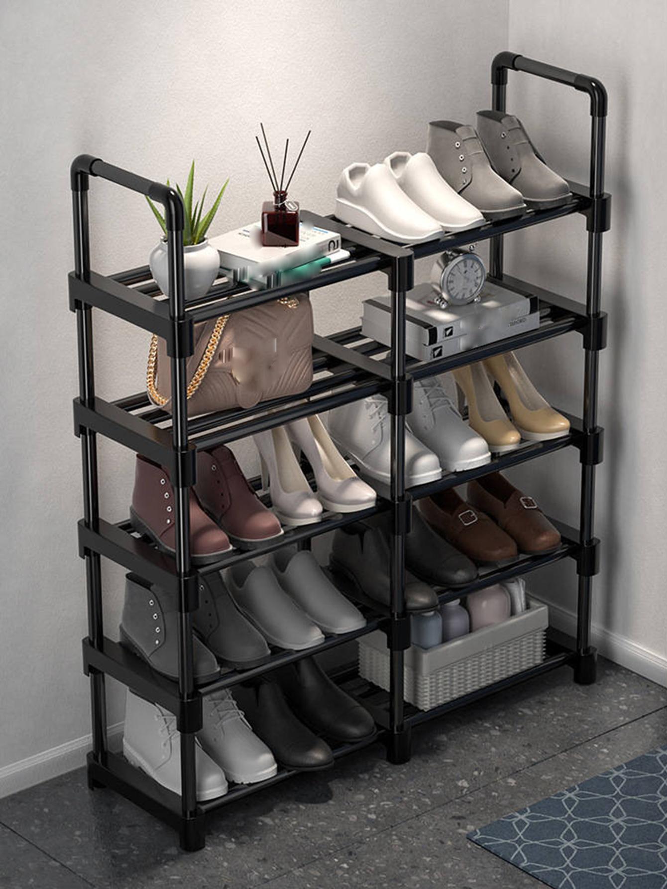 5-tier Double Row With Handrails Reinforced Shoe Rack, Simple Black ...
