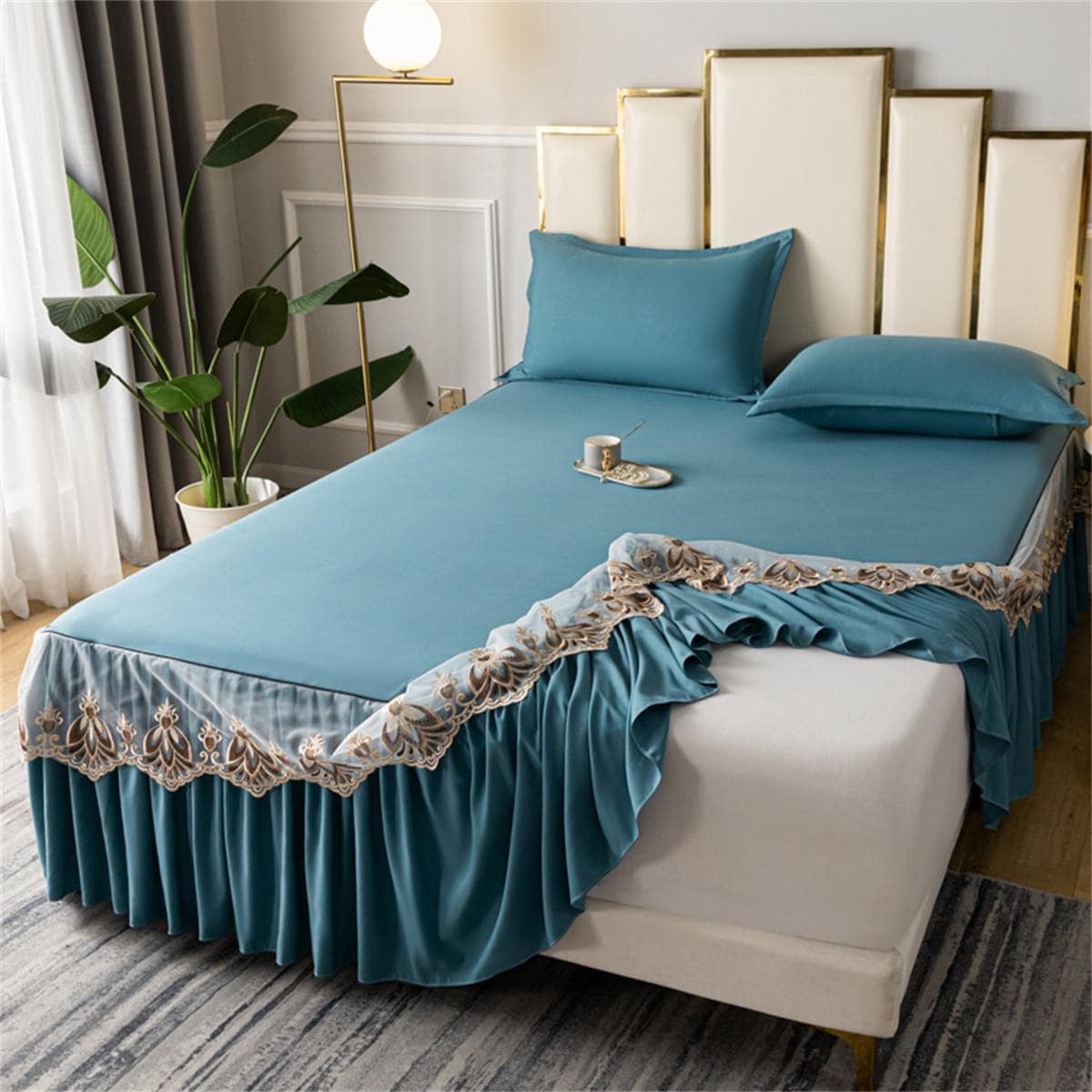 Scroll Embroidered Ruffle Bed Runner, Royal Blue Bed Sheet, For Bedroom ...