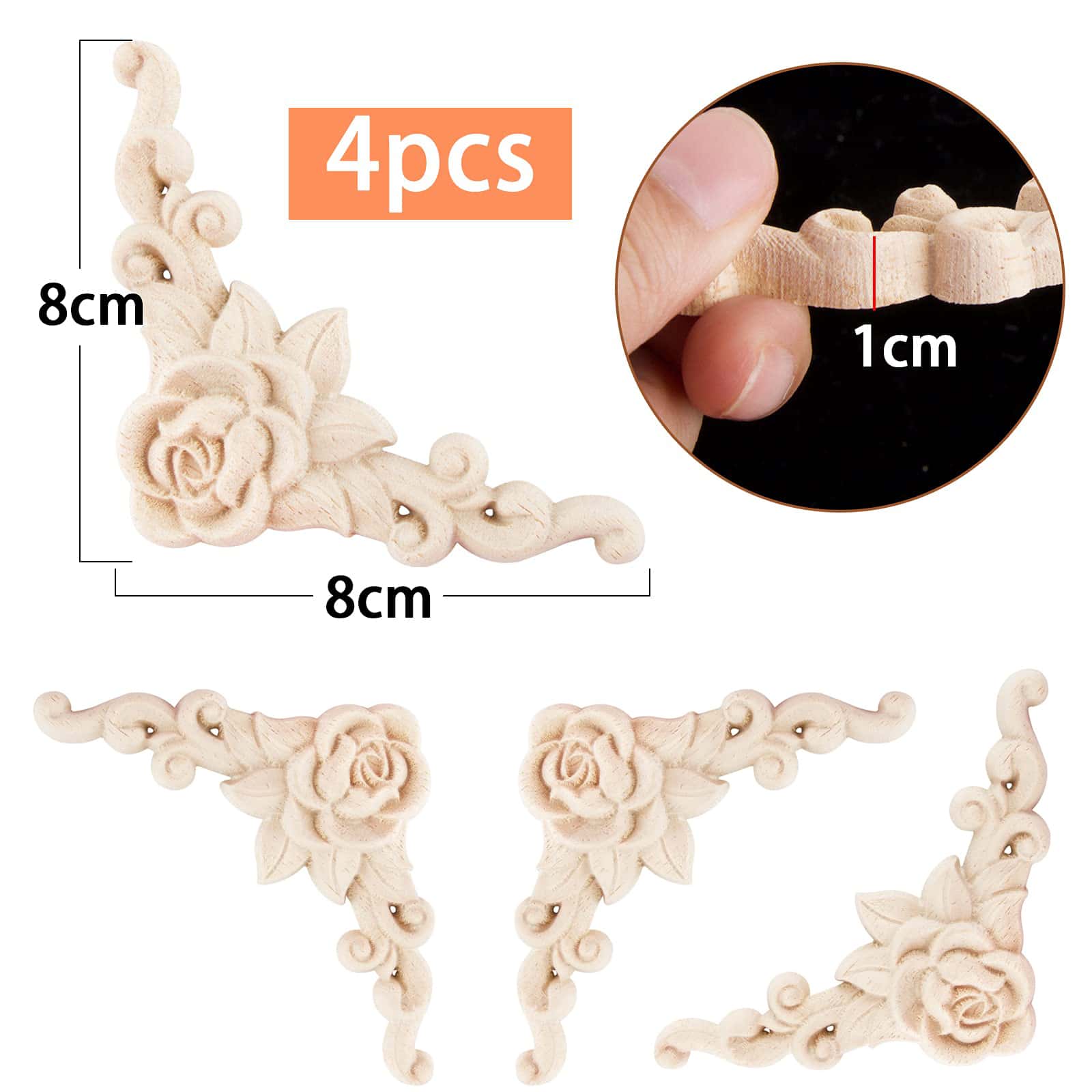 4 pcs Wood Carved Applique Mouldings Corner Decal Onlay Rose Pattern ...