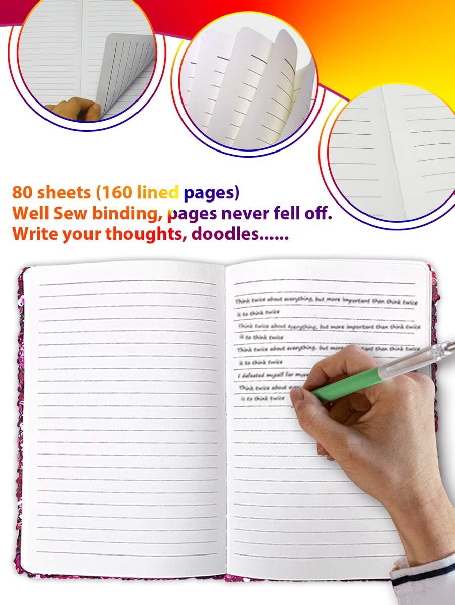 1Pc A5 Sequin Girls Journal For Kids, 8.5x5.5 Inches 160 Lined Pages ...