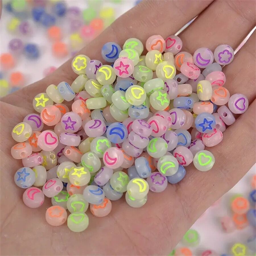 100pcs/Pack 7mm Acrylic White Beads Colorful Star Moon Heart Patterned ...