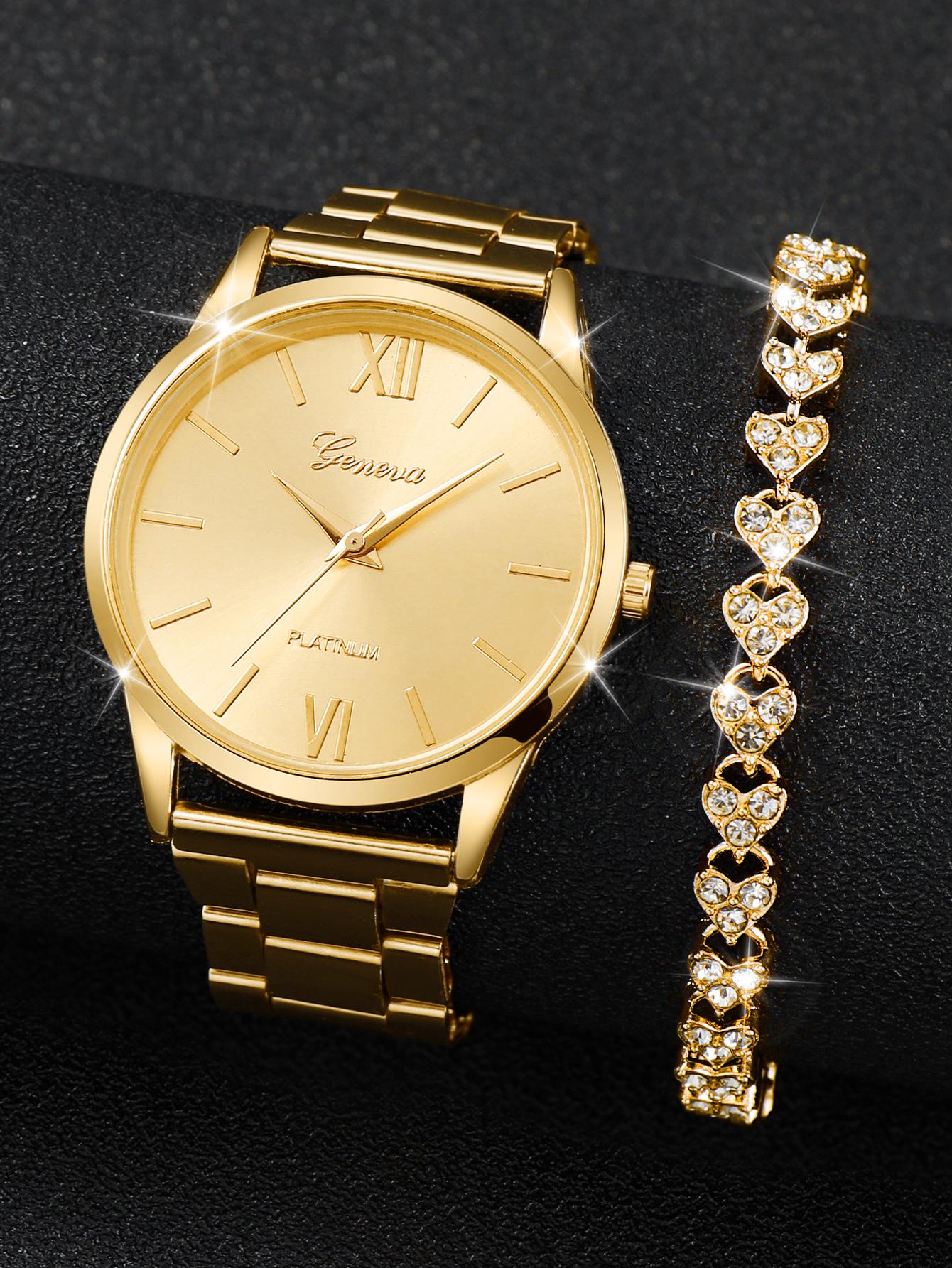 1pc Women Gold Metal Strap Fashion Round Dial Quartz Watch & 1pc Chain ...