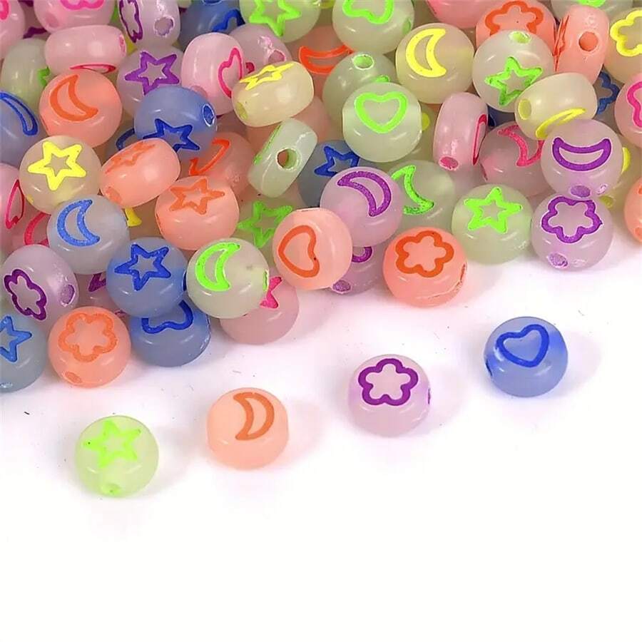100pcs/Pack 7mm Acrylic White Beads Colorful Star Moon Heart Patterned ...