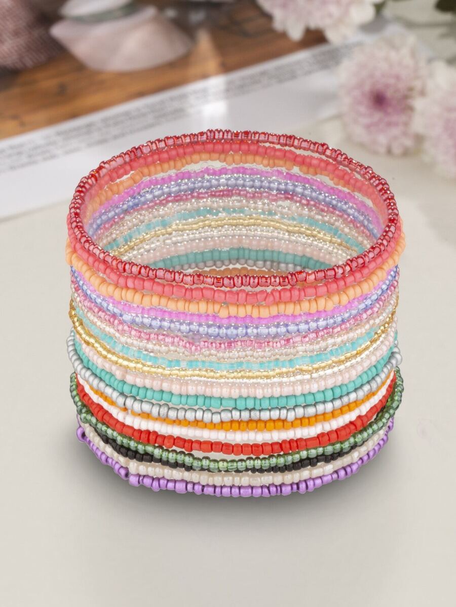 20pcs/set Women's Bohemian Style Stacking Colorful Glass Beaded ...