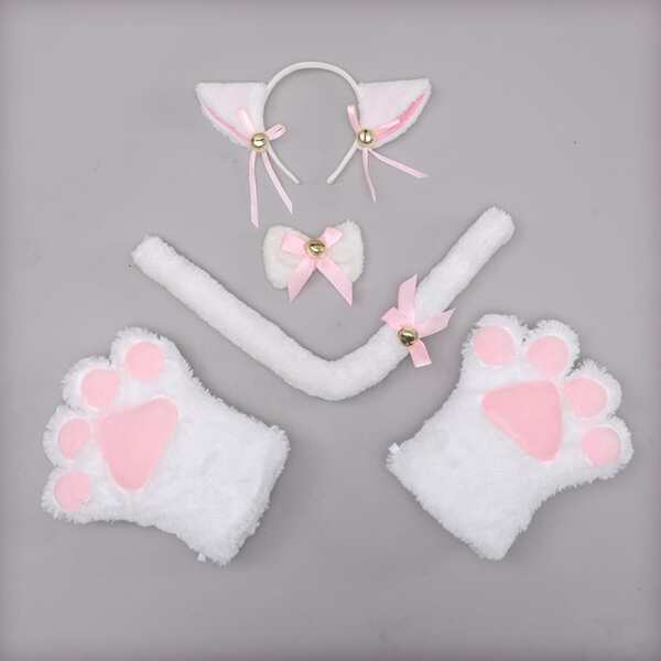 White Cute Cat Cosplay Set Including Cat Ear Headband, Paw Gloves, Tail ...