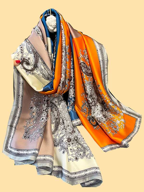 Women's Multicolor Paisley Printed Silk Scarf With Tassels, Outdoor ...