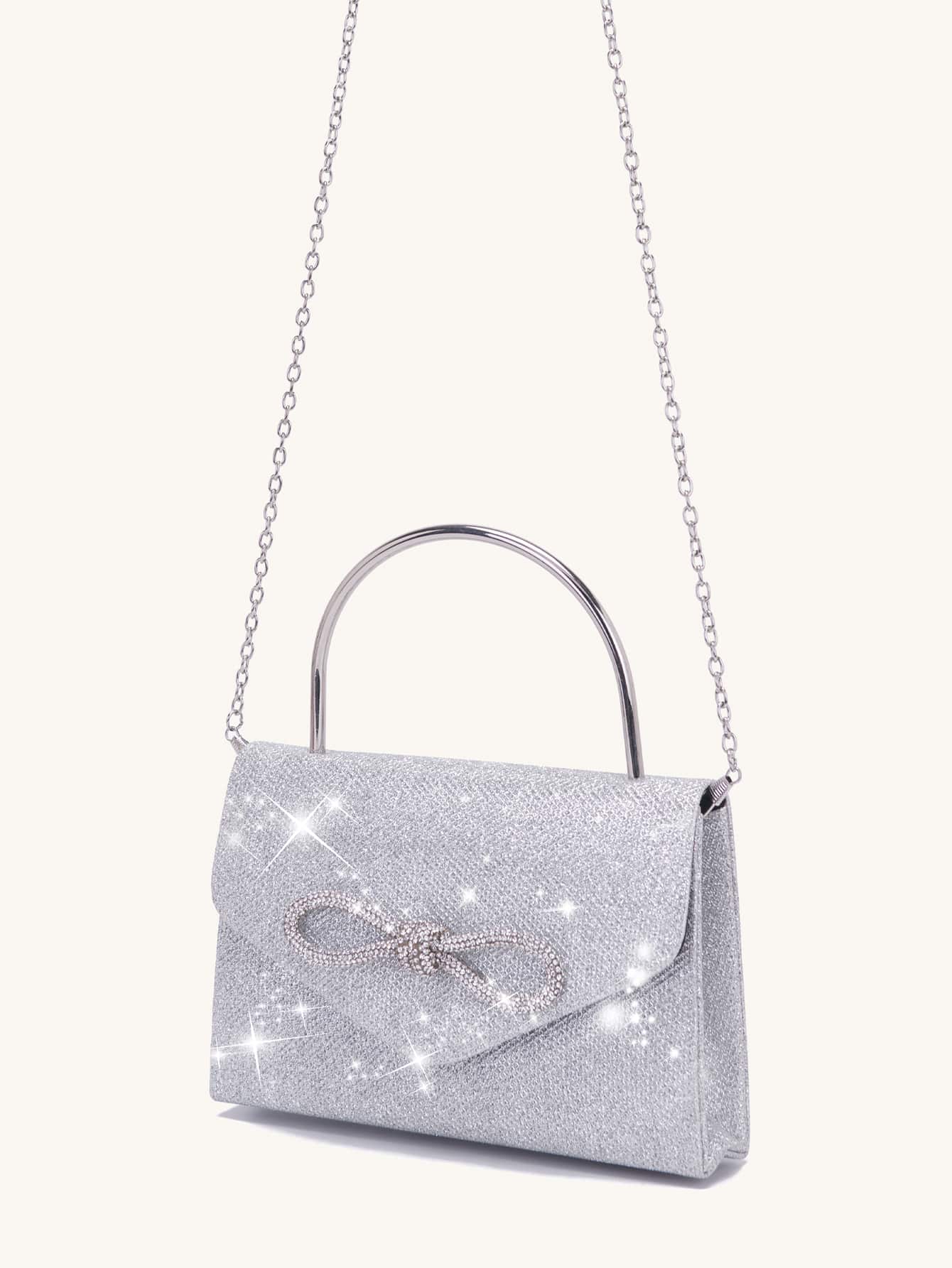 Glittering Evening Bag With Rhinestone & Bow Decor, Detachable Chain ...
