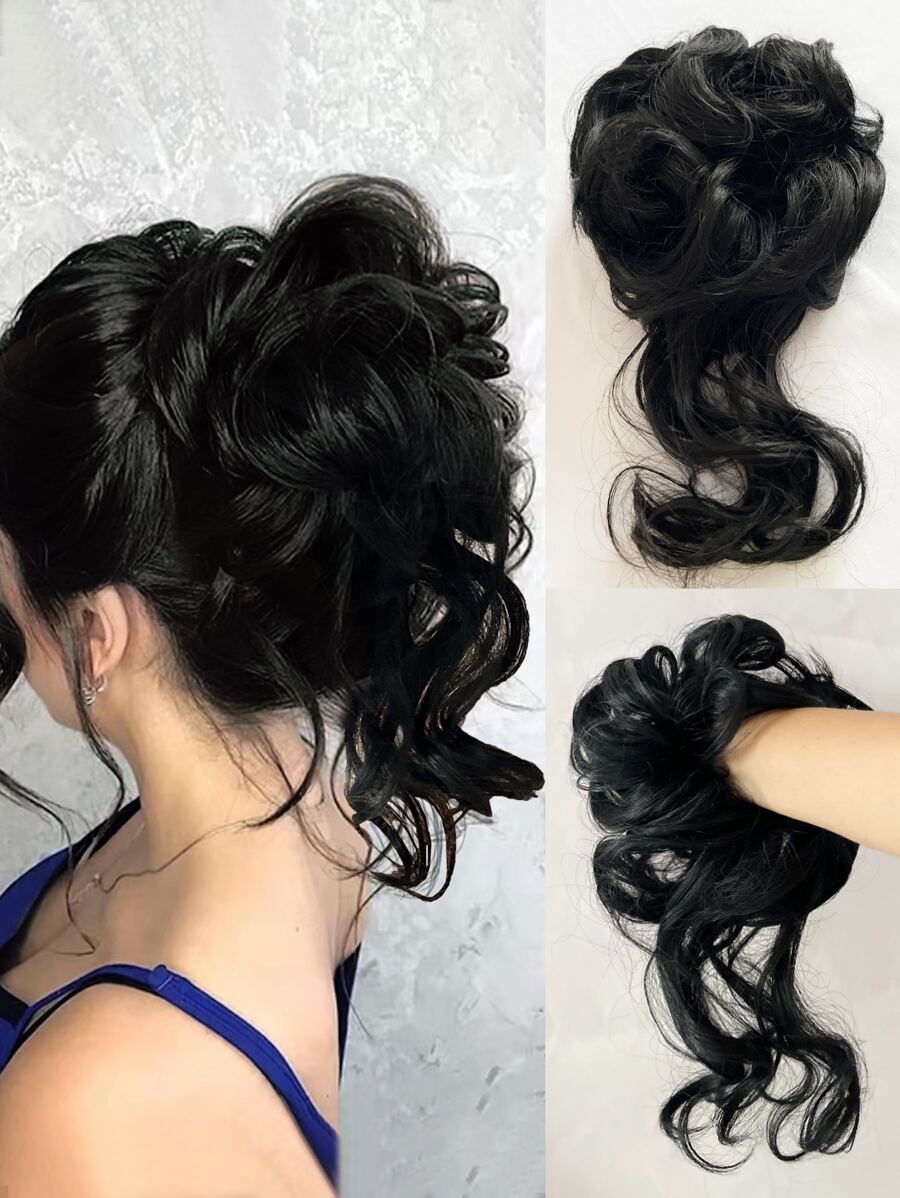black Synthetic Hair Bun Chignon Messy Curly Hair Band Elastic Scrunchy False Hair Pieces Women ...