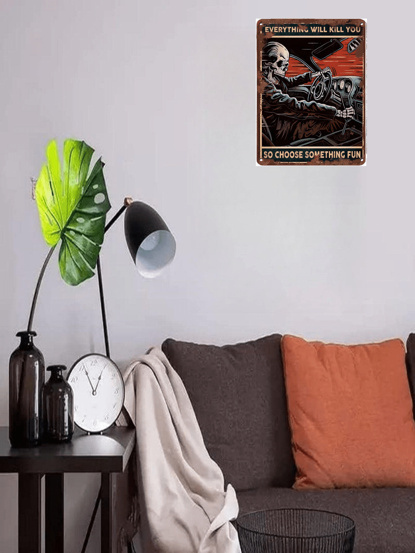 1pc Retro Tin Sign Creative Metal Sign Skull & Automatic Racing Car ...