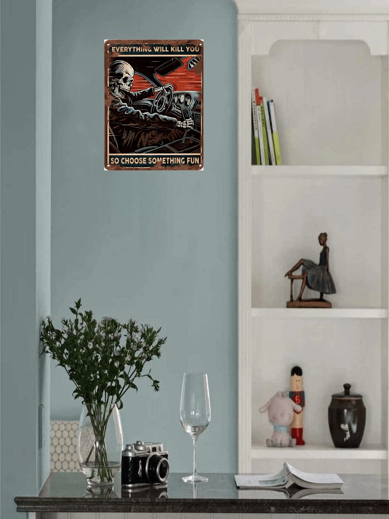 1pc Retro Tin Sign Creative Metal Sign Skull & Automatic Racing Car ...