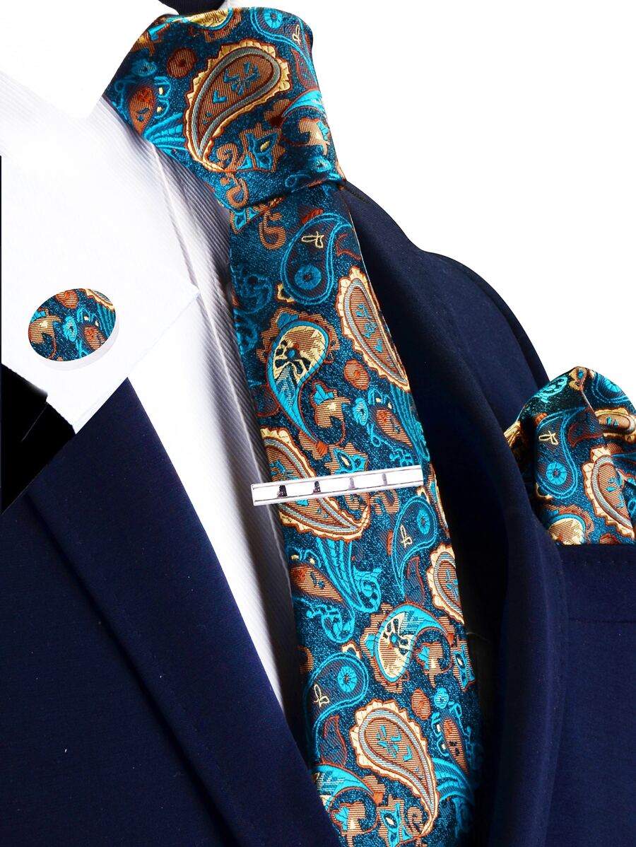 1pc Men's 8cm Width Floral Necktie With Pocket Square, Cufflinks And ...