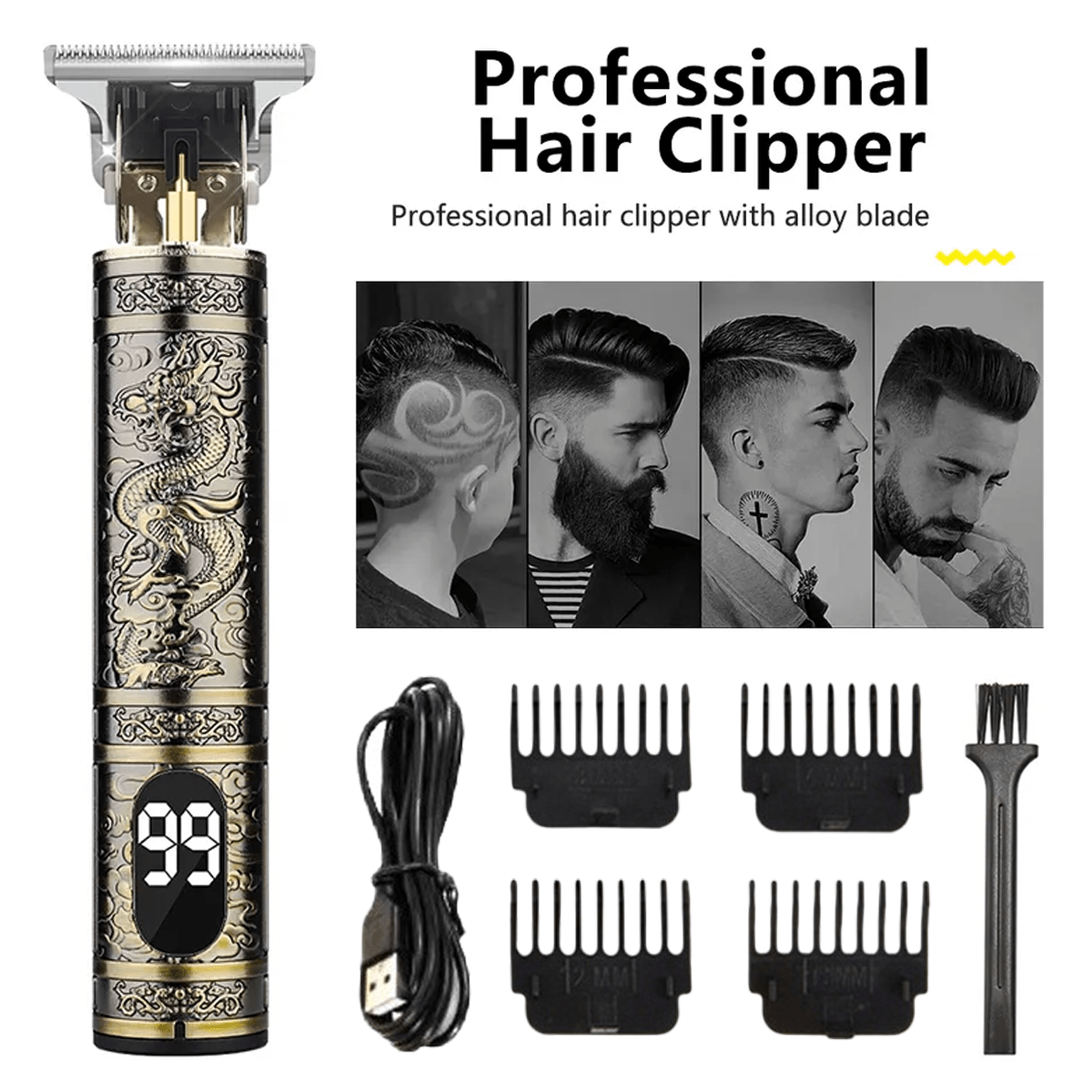 Lcd Screen Professional T9 Electric Hair Clipper With Dragon Pattern ...
