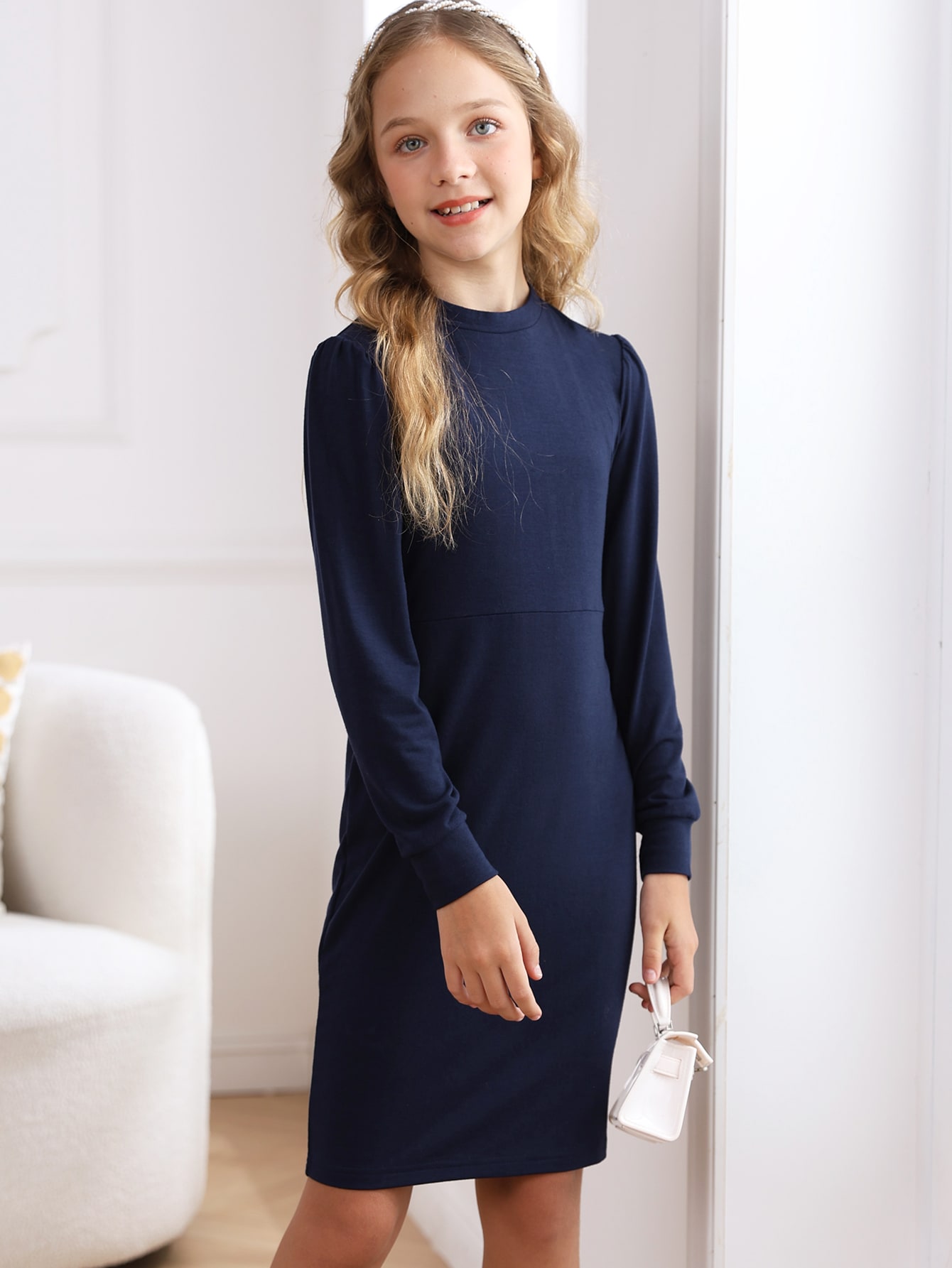Tween Girls Crew Neck Long Sleeves Fitted Dress | SHEIN USA