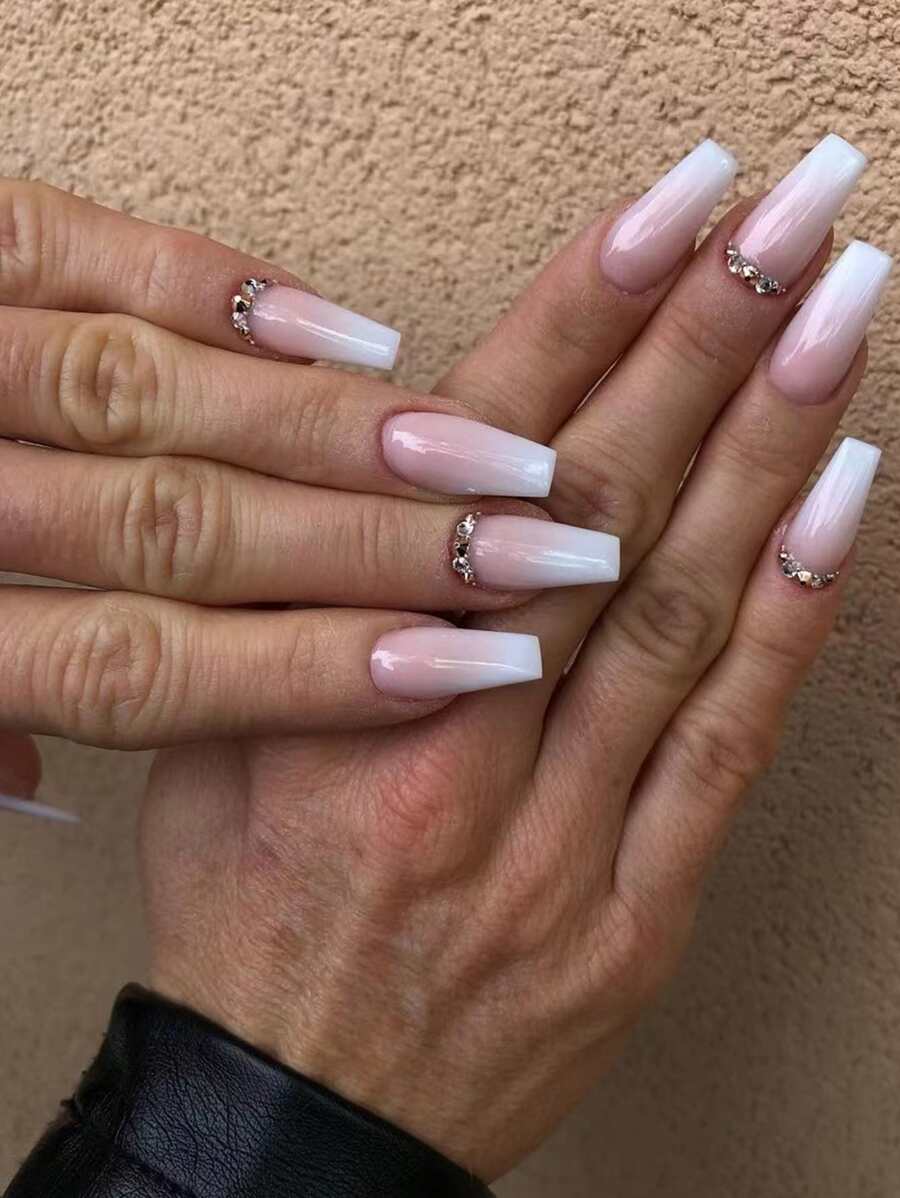 24pcs/set Gradient Pink & White Coffin Shaped False Nails Medium Long ...