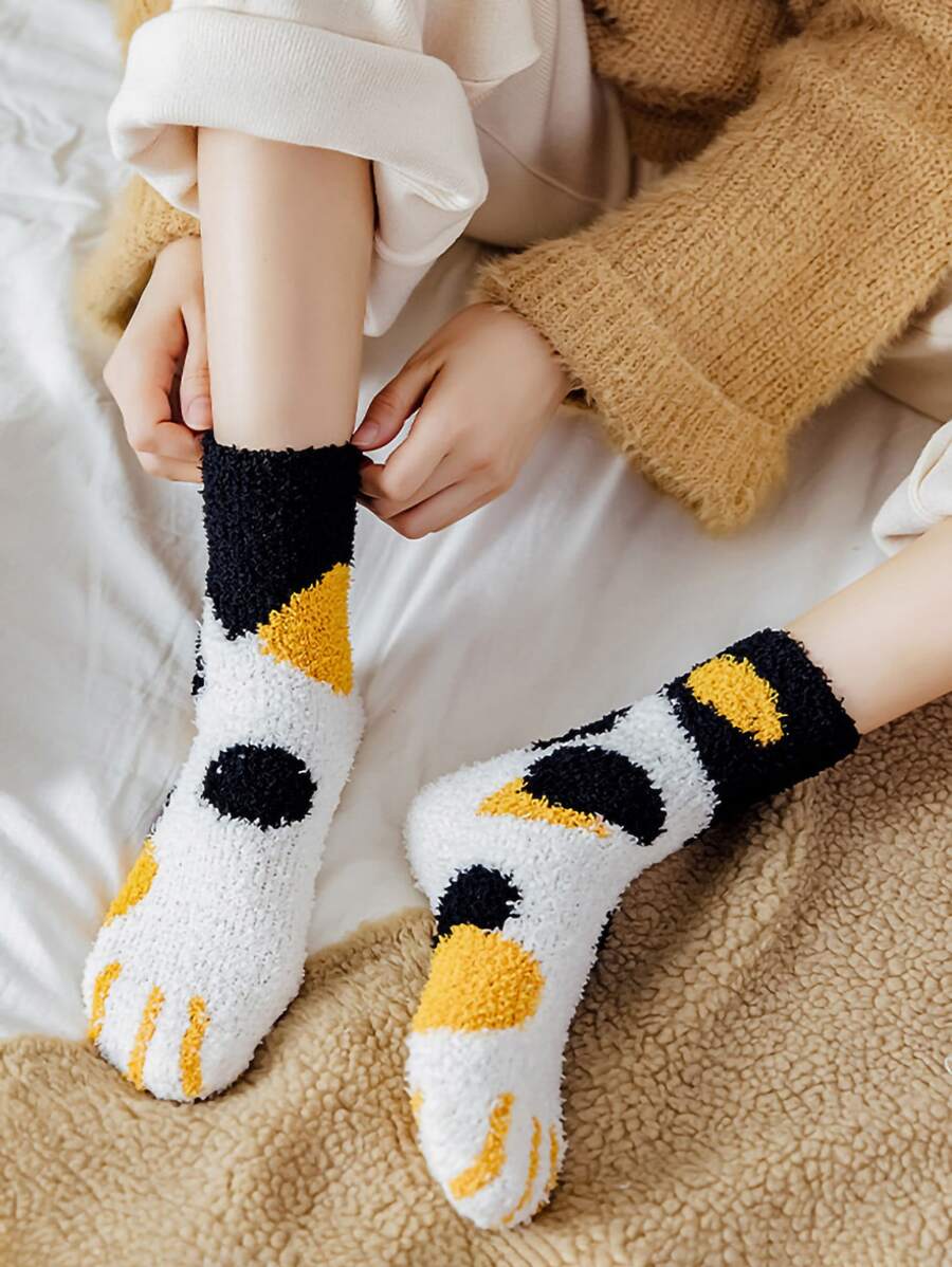 4 Pairs Winter Warm Cartoon Cute Cat Paw Socks Soft Fuzzy Fluffy Funny ...