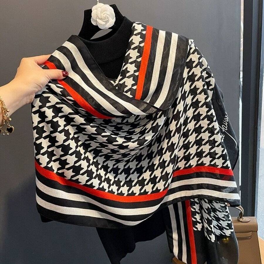 1pc Women's Houndstooth Linen Scarf, Lightweight Shawl, Silky Neck Wrap, Sun Protection, Beach ...