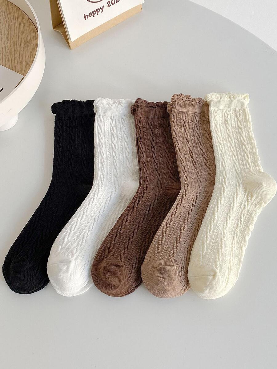 5pairs Women's Fashionable & Versatile Mid-Calf Socks With Lace Trim ...