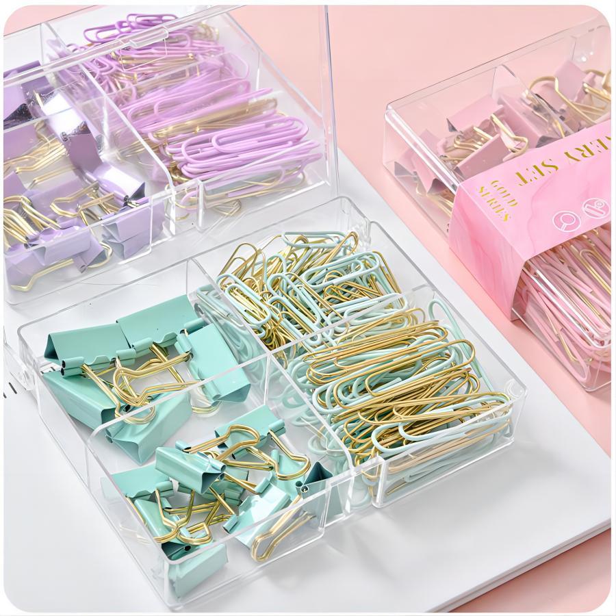 One Box Macaron Colored Paper Clips And Binder Clips, Gold Plated ...