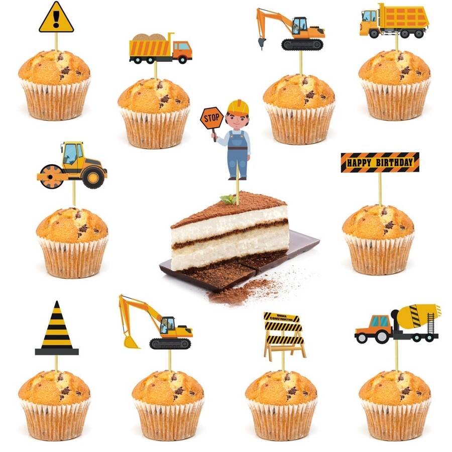 12 Pcs Construction Theme Birthday Cupcake Topper Flag For Engineering ...
